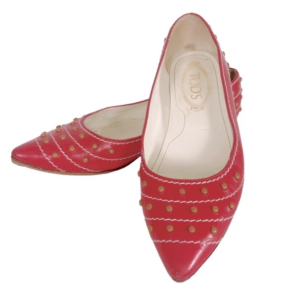 Tod's | Shoes | Tods Red Leather Studded Stitched Pointed Toe Slip On ...